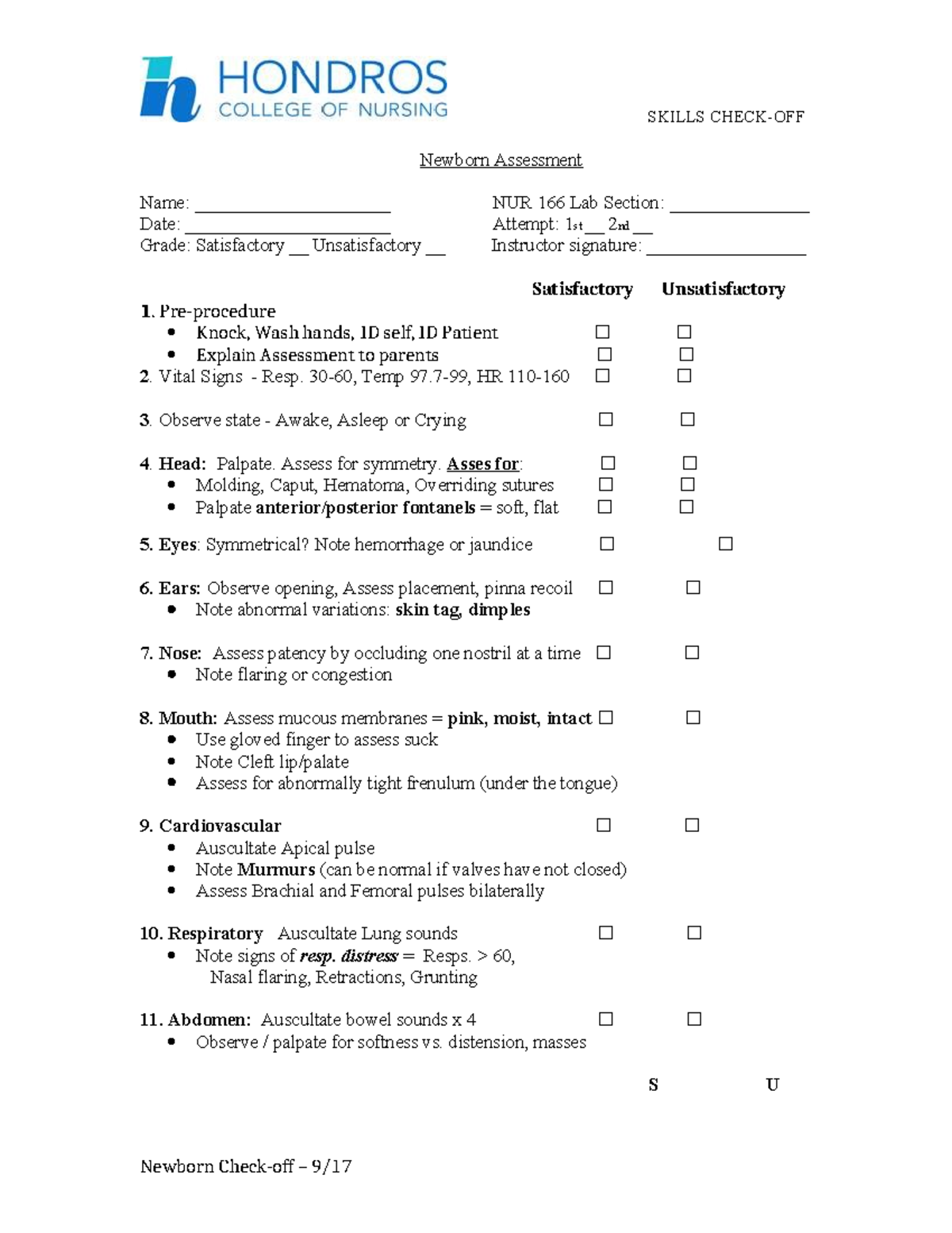NUR 166 Newborn Assessment Skills Check-off Guide and Checklist - Studocu