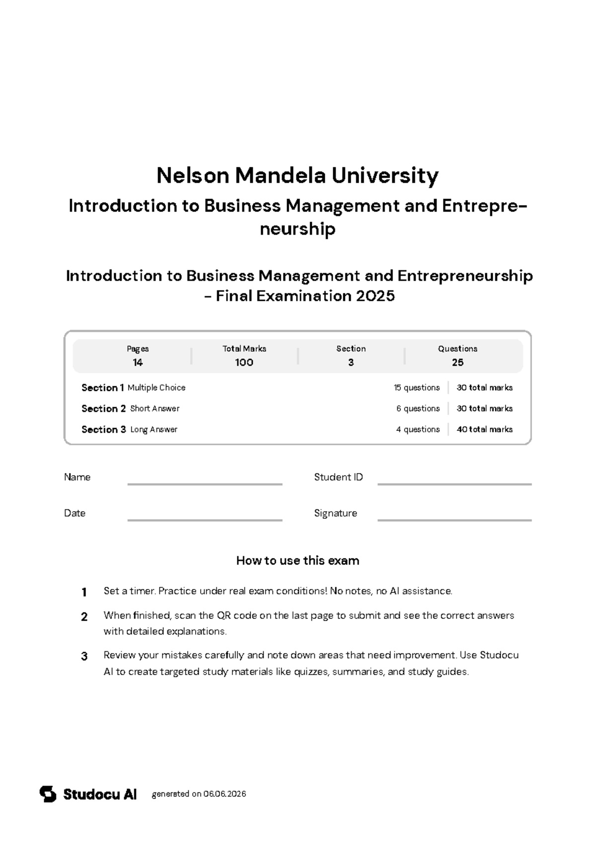 Introduction to Business Management - Final Exam 2025 - Studocu