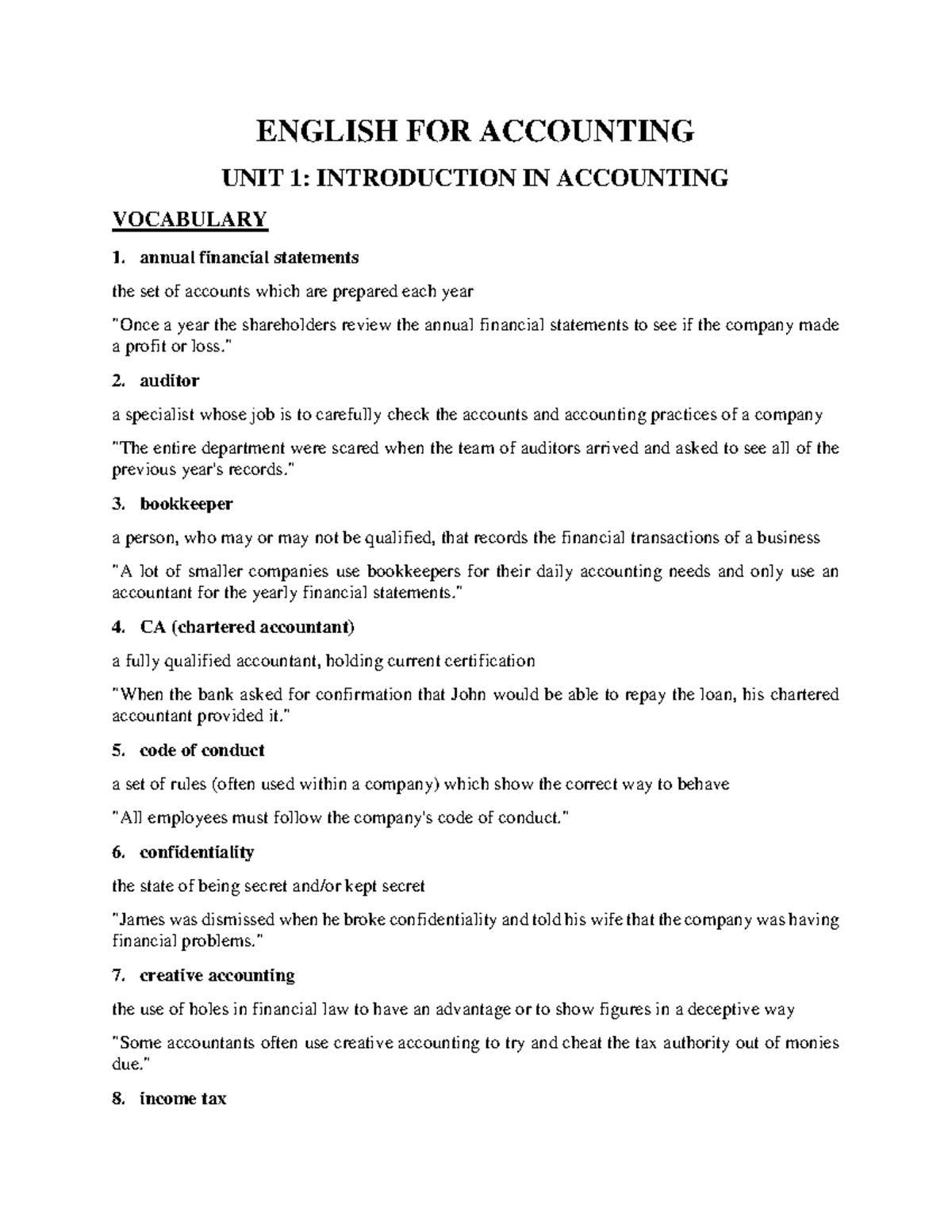 ENGLISH FOR ACCOUNTING UNIT 1: ACCOUNTING VOCABULARY AND CONCEPTS - Studocu