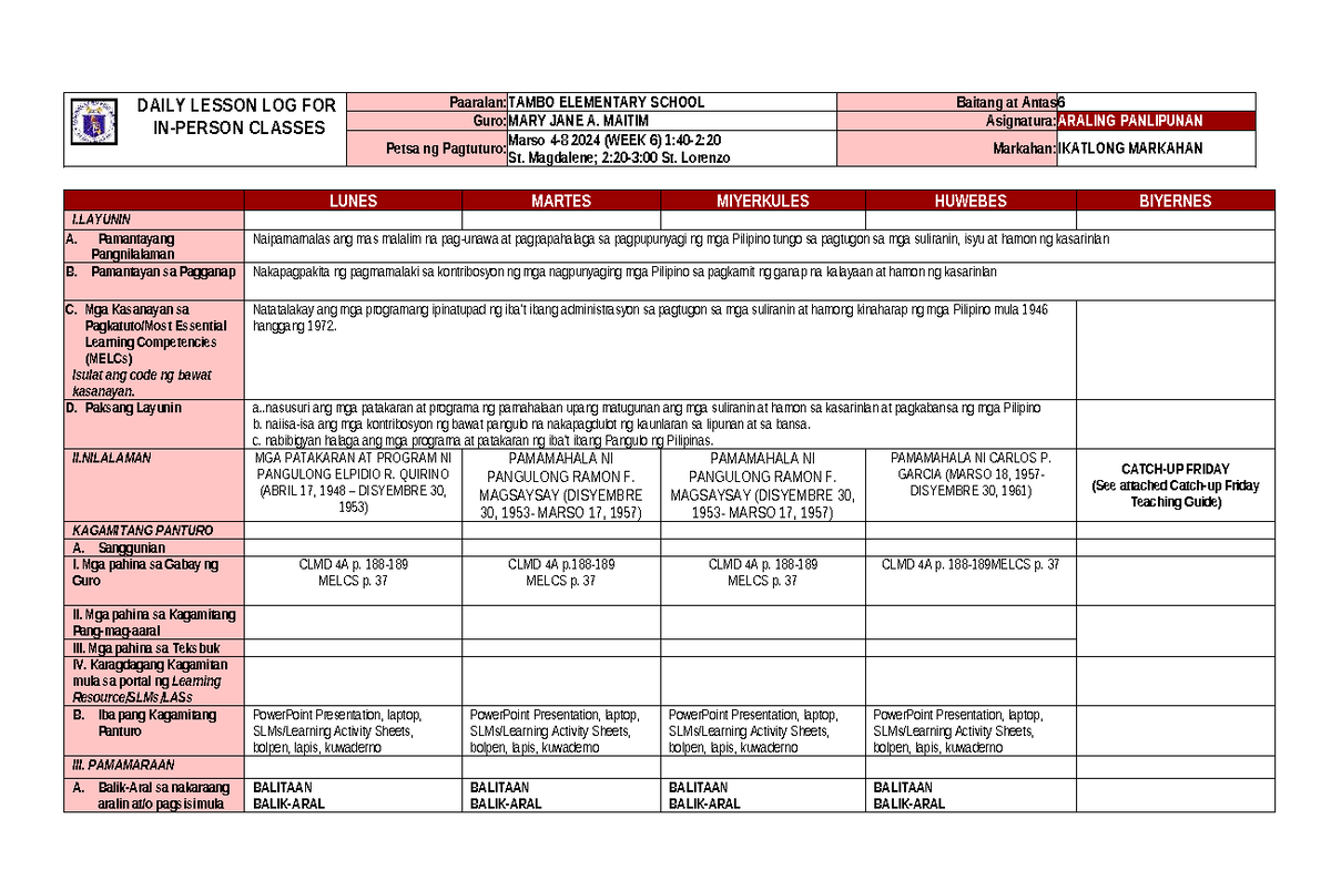 Araling Panlipunan - DAILY LESSON LOG FOR IN-PERSON CLASSES Paaralan ...