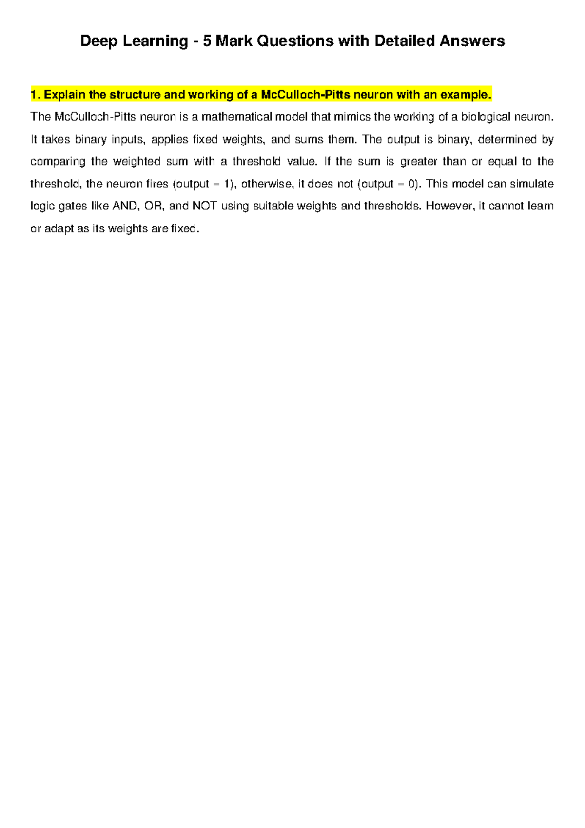 Deep Learning 5 Mark Questions & Answers: Detailed Explanations - Studocu