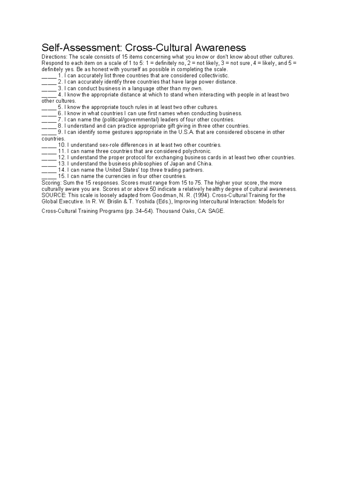 Cultural Awareness Scale Activity 1 Handout - Studocu