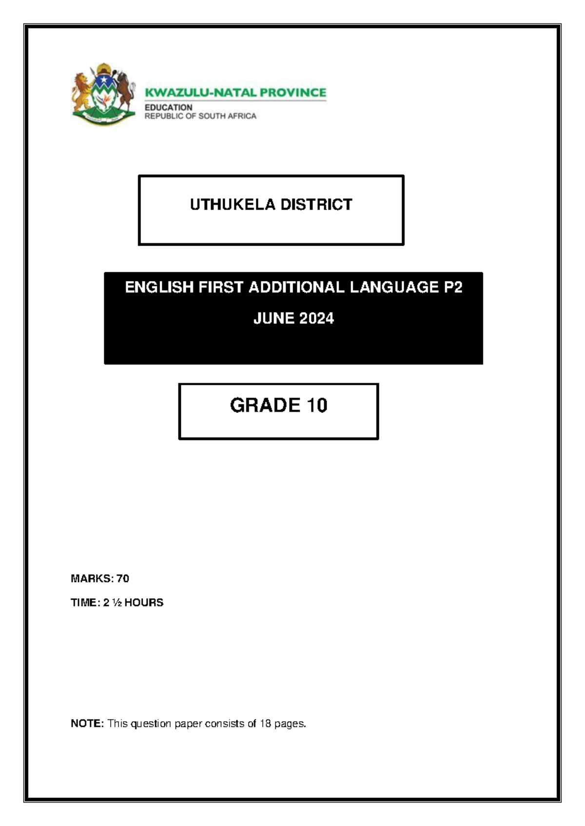 Grade 10 English First Additional Language June 2024 Past QP - Studocu