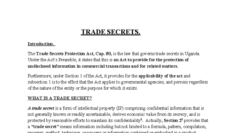 Trade Secrets Protection Act, Cap. 80: An Overview - Studocu