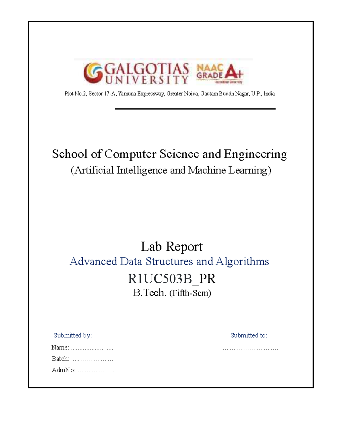 ADSA Lab Report: Advanced Data Structures and Algorithms R1UC503B - Studocu