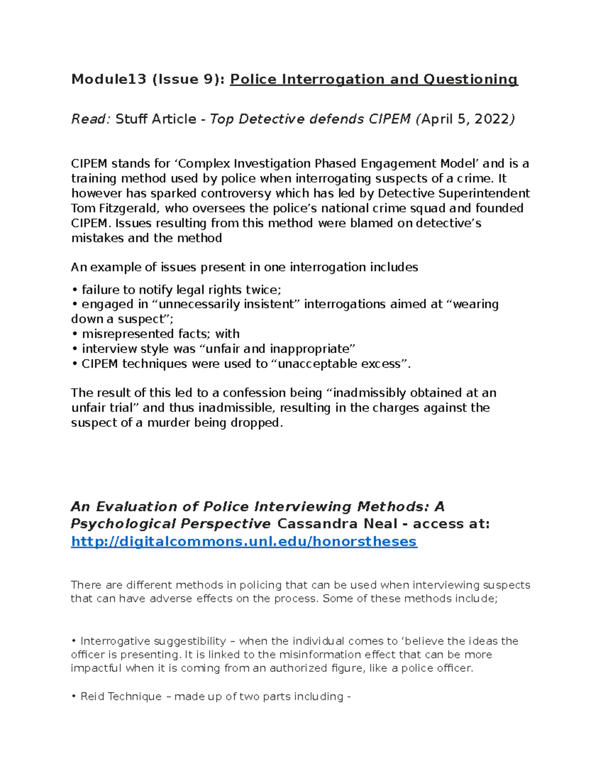 Issue 9 - Module 13 - Police Interrogation and Questioning - Module13 ...