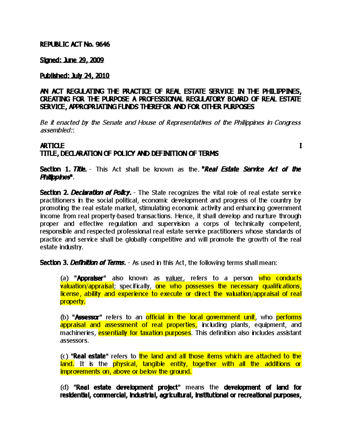 R.A. 9646 - REPUBLIC ACT No. 9646 Signed: June 29, 2009 Published: July ...