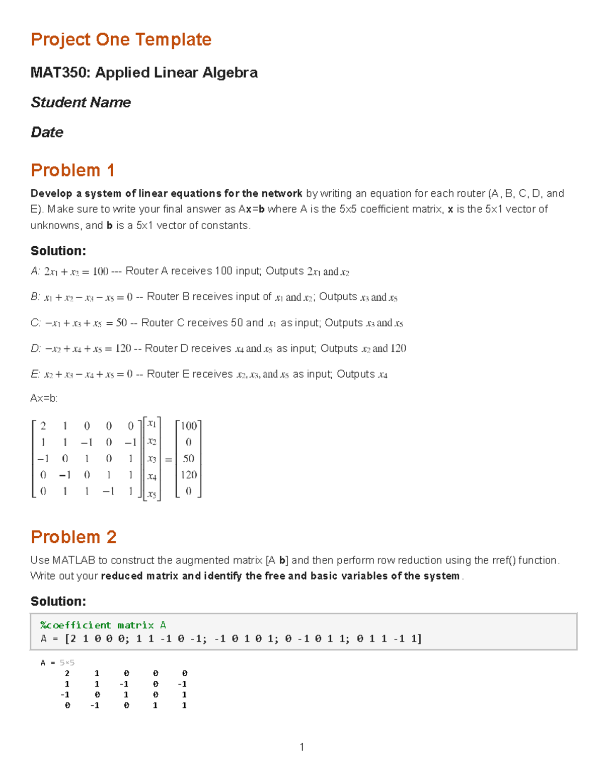 Project One Report for MAT 350: Applied Linear Algebra Analysis - Studocu