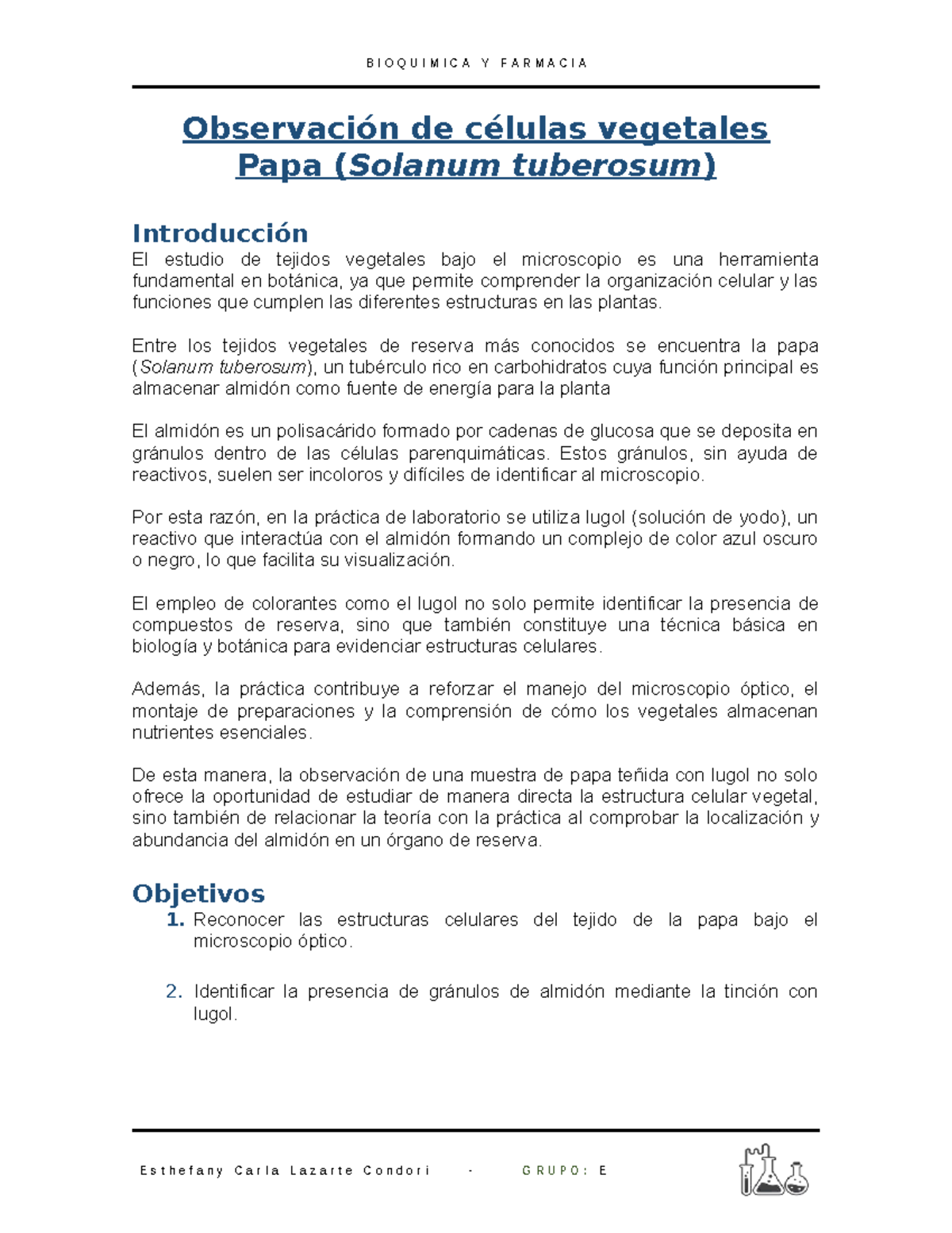 BIOQUIMICA Y FARMACIA: Observación de Células de Papa con Lugol - Studocu