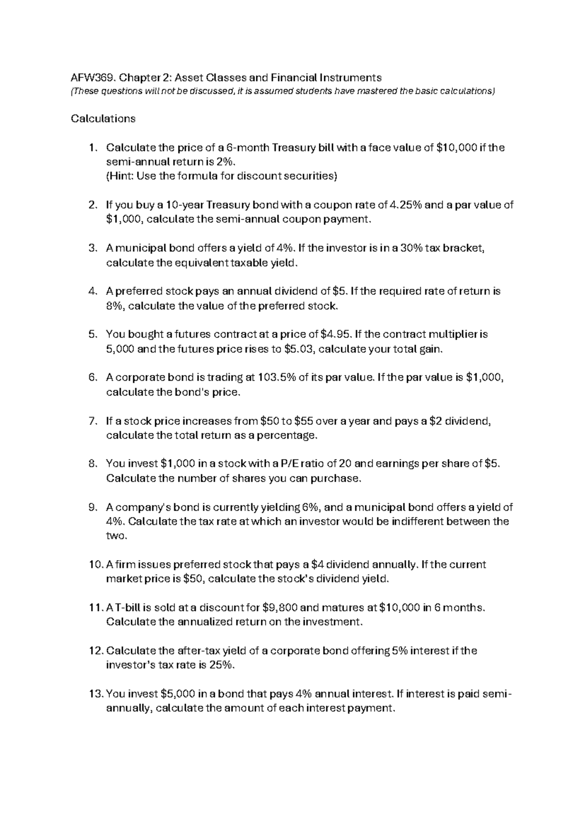 AFW369 - tutorial - AFW369. Chapter 2: Asset Classes and Financial ...