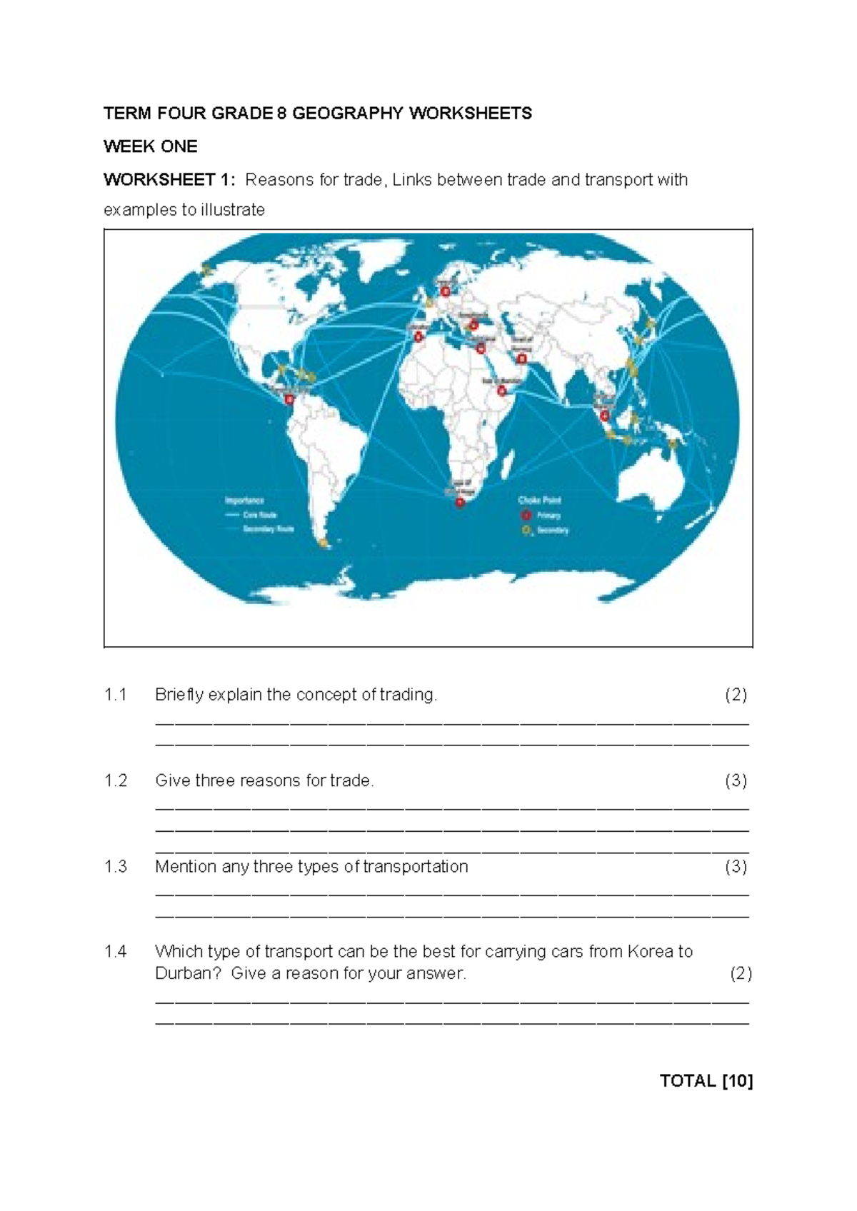 TERM 4 Grade 8 Geography Worksheets on Trade and Transport Analysis ...