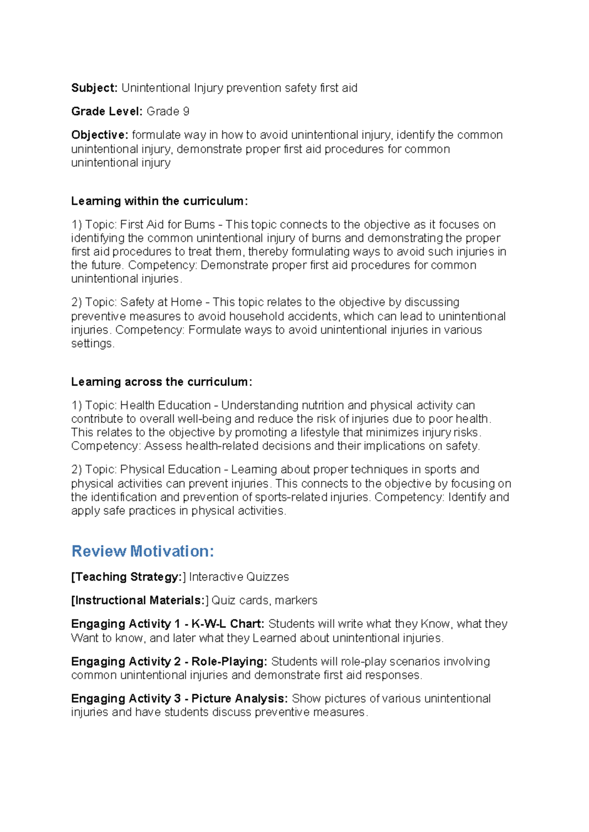 Lesson Plan: Unintentional Injury Prevention & First Aid (Grade 9 ...