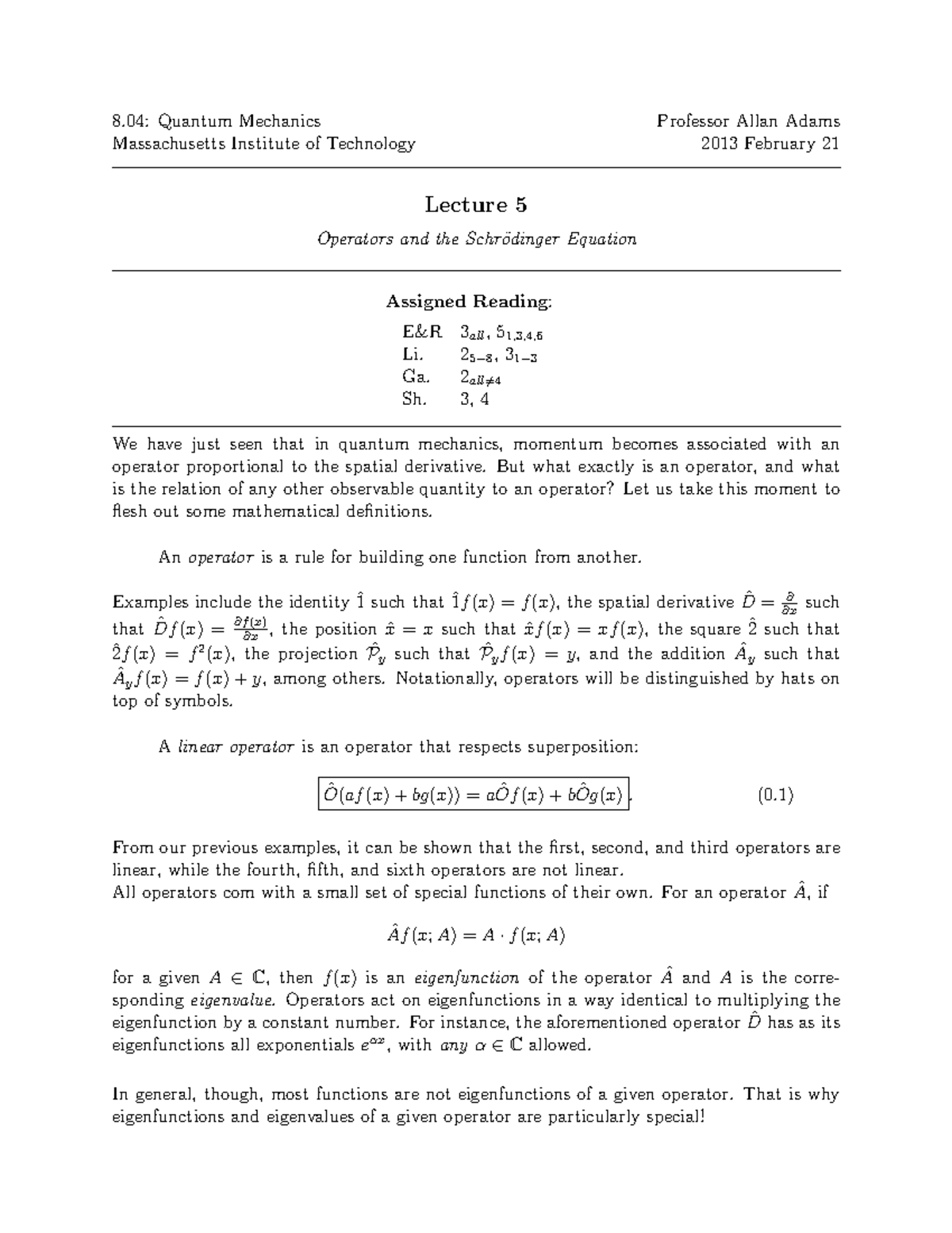 8.04: Quantum Mechanics - Lecture 5: Operators and Observables - Studocu