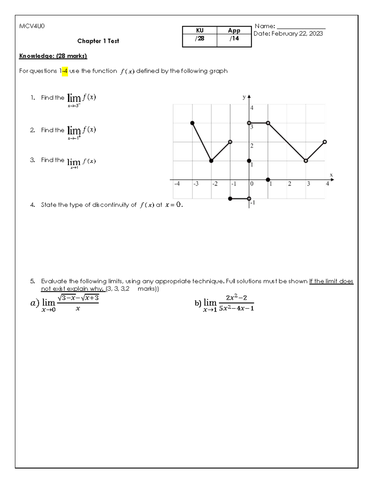 MCV4U0 Chapter 1 Limits & Discontinuities Test Notes - Studocu