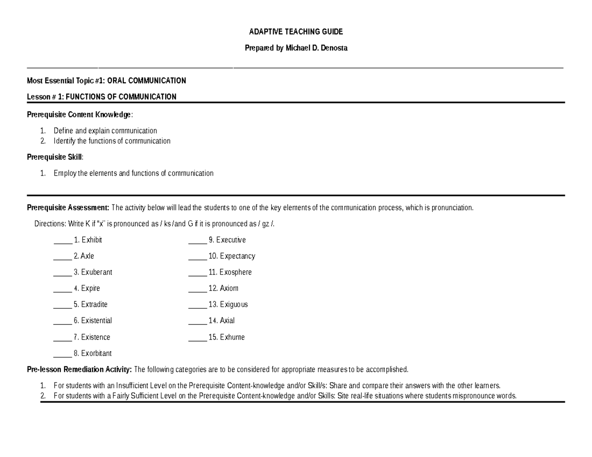 Adaptive Teaching Guide #2: Functions of Communication Lesson - Studocu