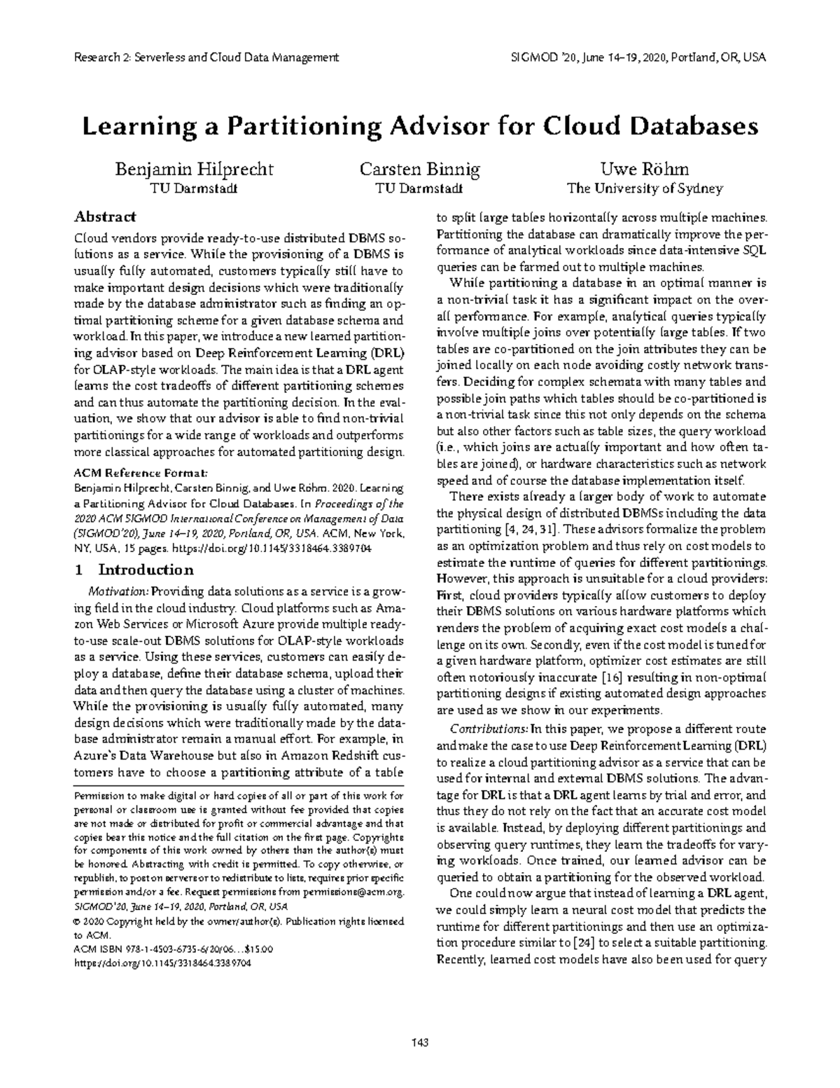 Learning a Partitioning Advisor for Cloud Databases (SIGMOD 2020) - Studocu
