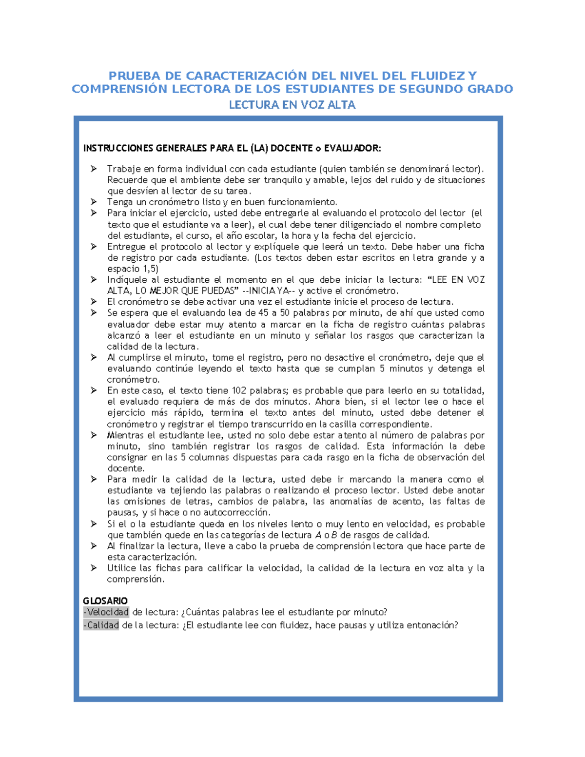 Prueba de Fluidez y Comprensión Lectora - Grado 2 - Studocu