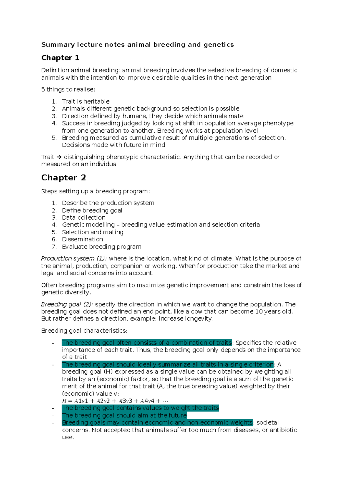 Summary Lecture Notes: Animal Breeding & Genetics (Chapter 1-9 ...