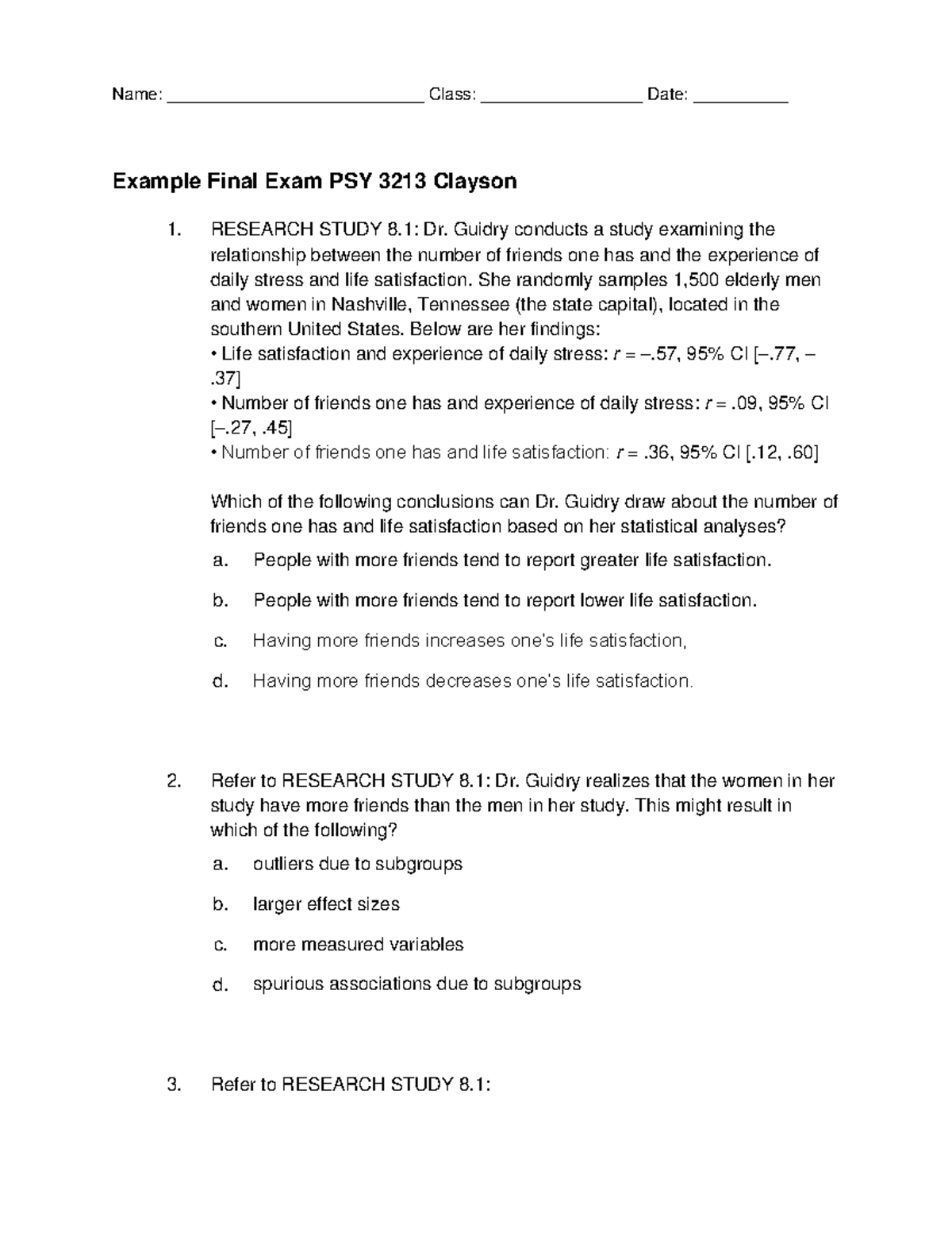Final Exam PSY 3213 - Research Study Analysis - Studocu