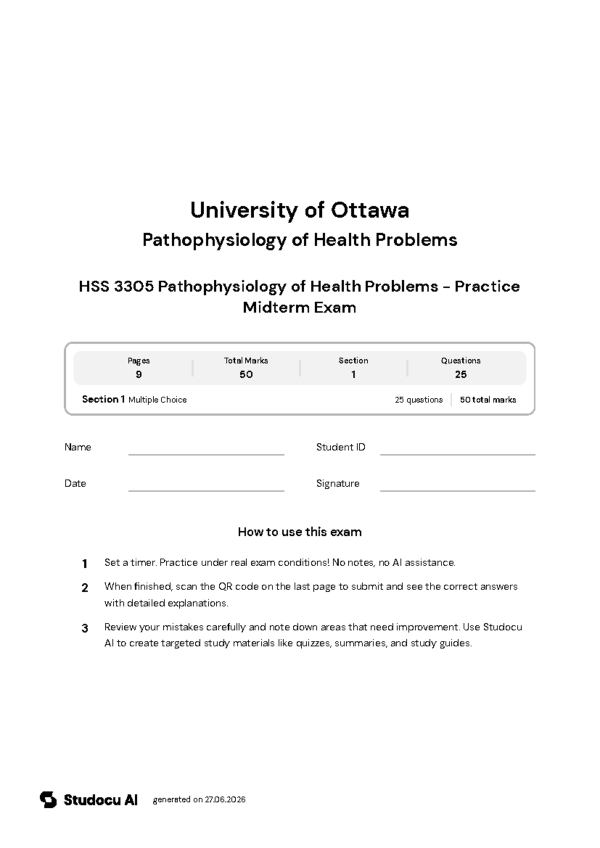 HSS 3305 Pathophysiology - Practice Midterm Exam - Studocu