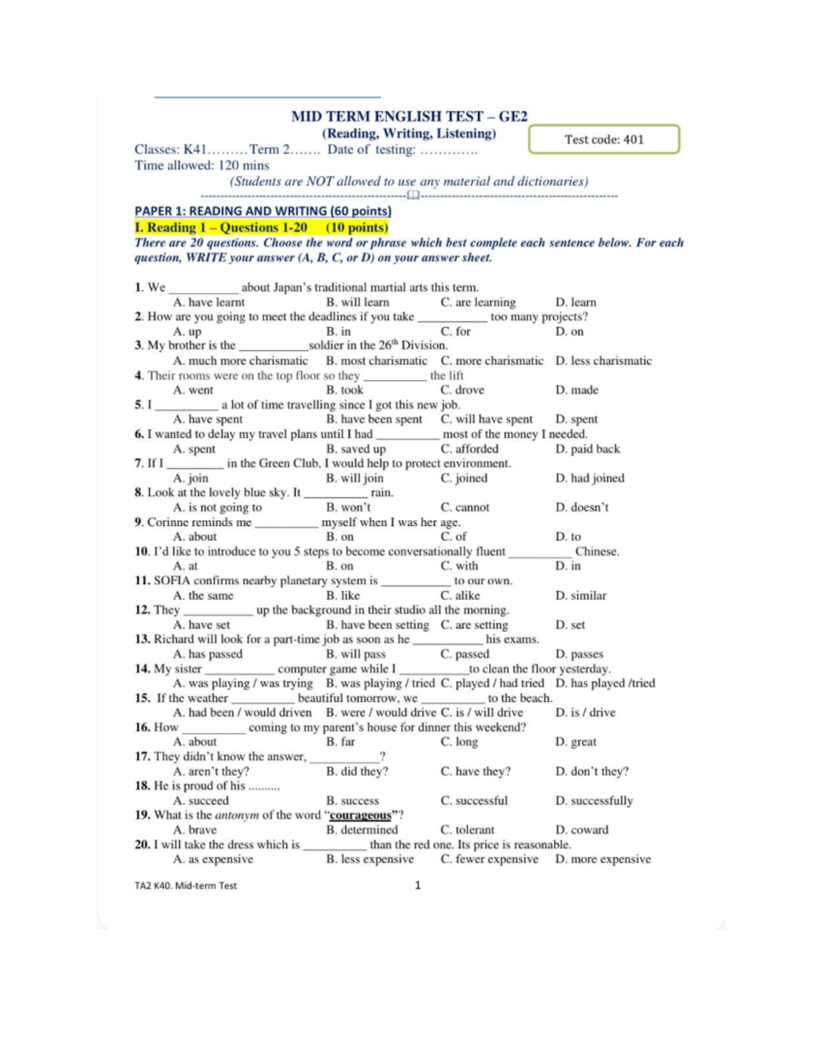 MIDTERM ENGLISH TEST GE2 (Reading, Writing, Listening) - Test Code: 401 ...