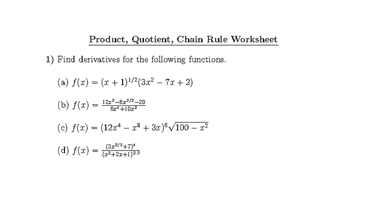 Prod, Quot, Chain Rule & Inv Worksheet: Derivatives & Critical Points ...