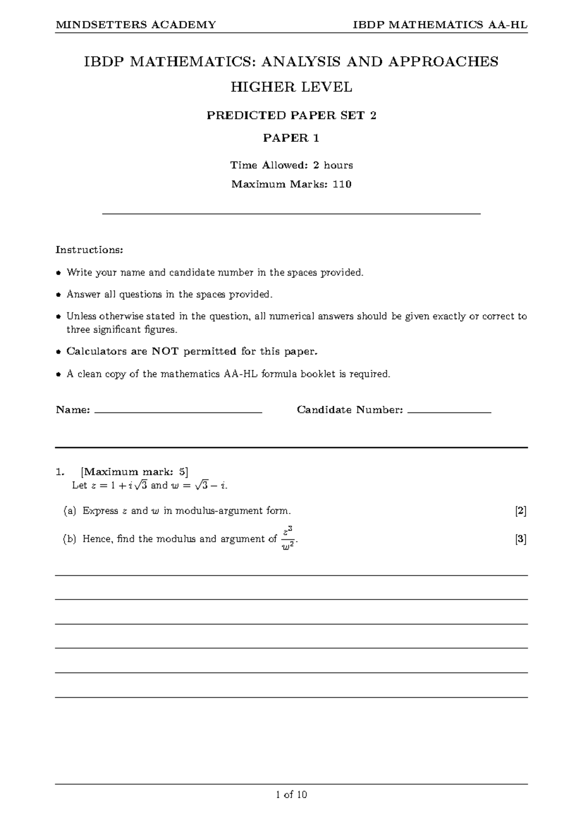 Predicted Paper 1 - IBDP Mathematics HL Analysis & Approaches - Studocu