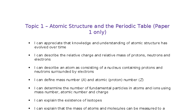 Topic 1 - atomic structure and the periodic table - Topic 1 – Atomic ...