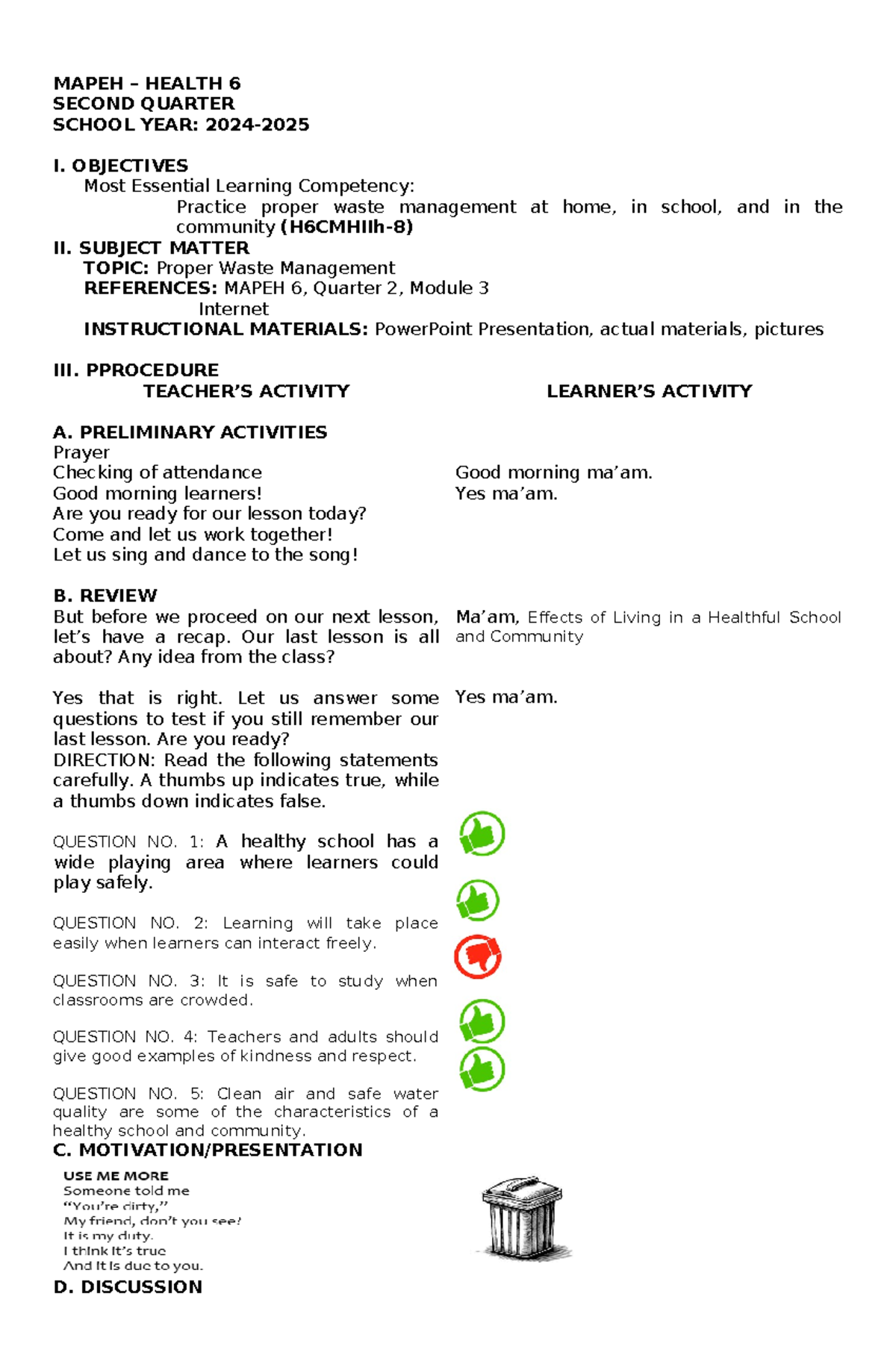MAPEH 6 Lesson Plan: Proper Waste Management - 2nd Quarter - Studocu