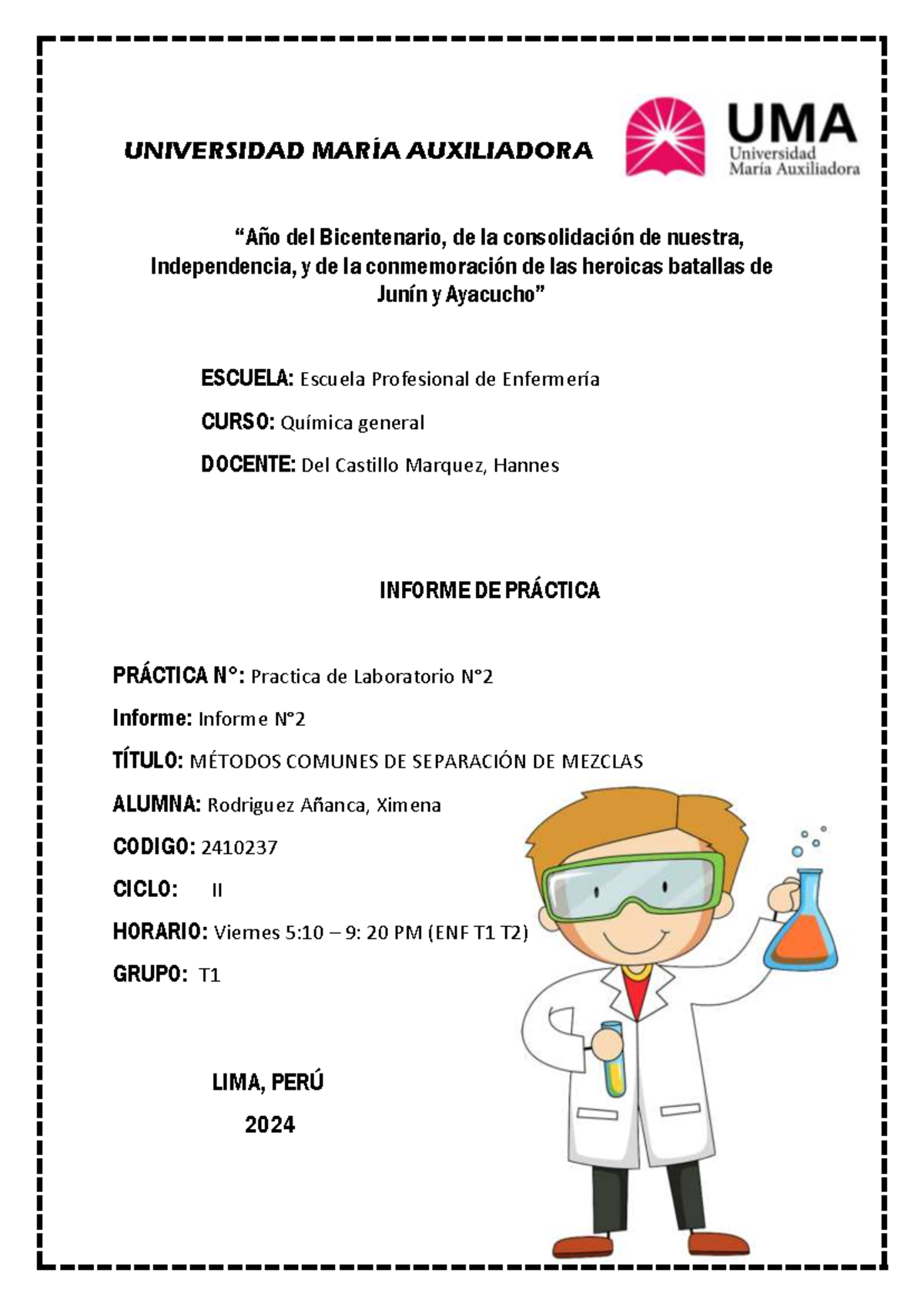 Informe de Laboratorio - Métodos Comunes de Separación de Mezclas ...