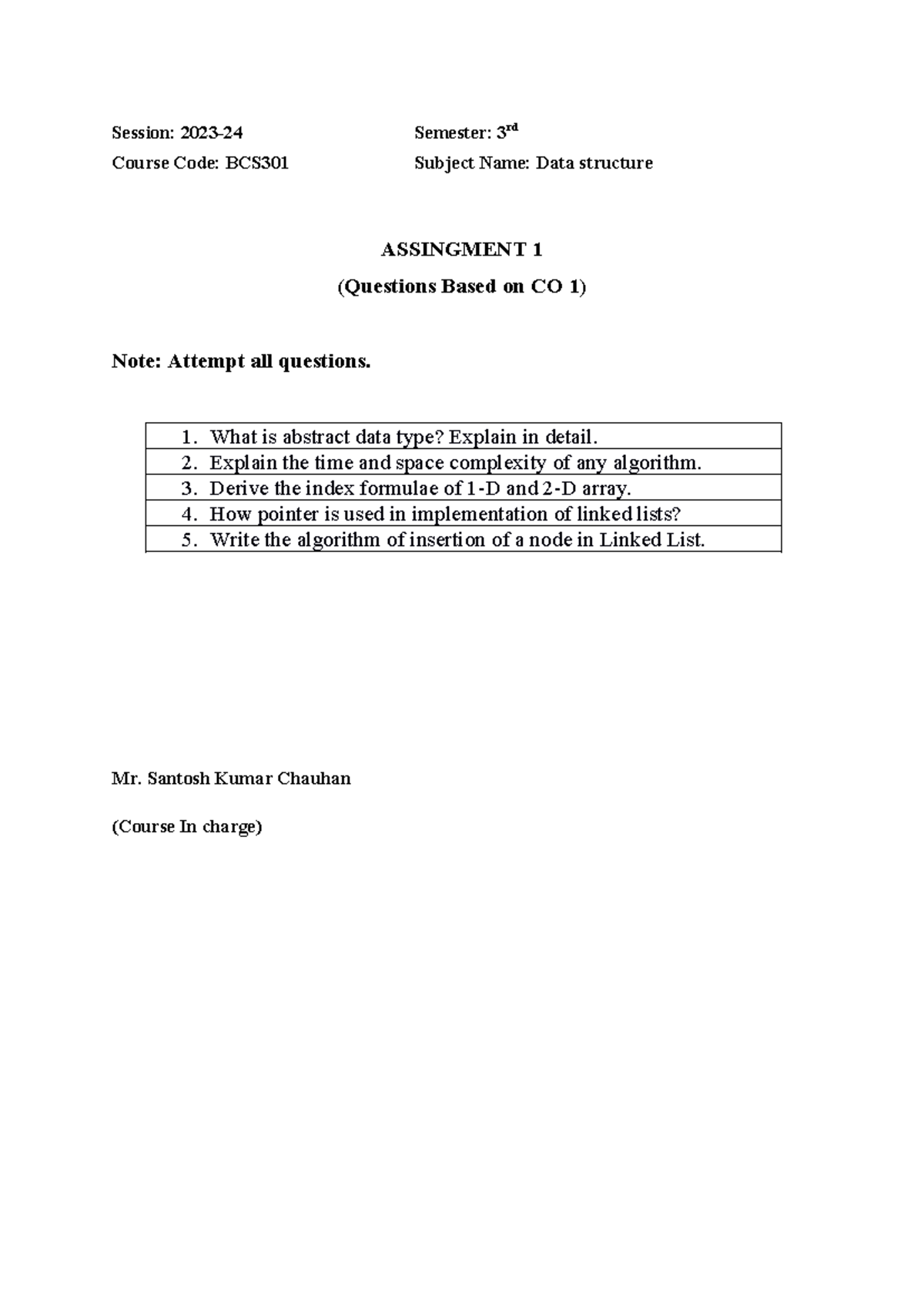 BCS301 Assignment 1-2: Data Structures Questions and Concepts - Studocu