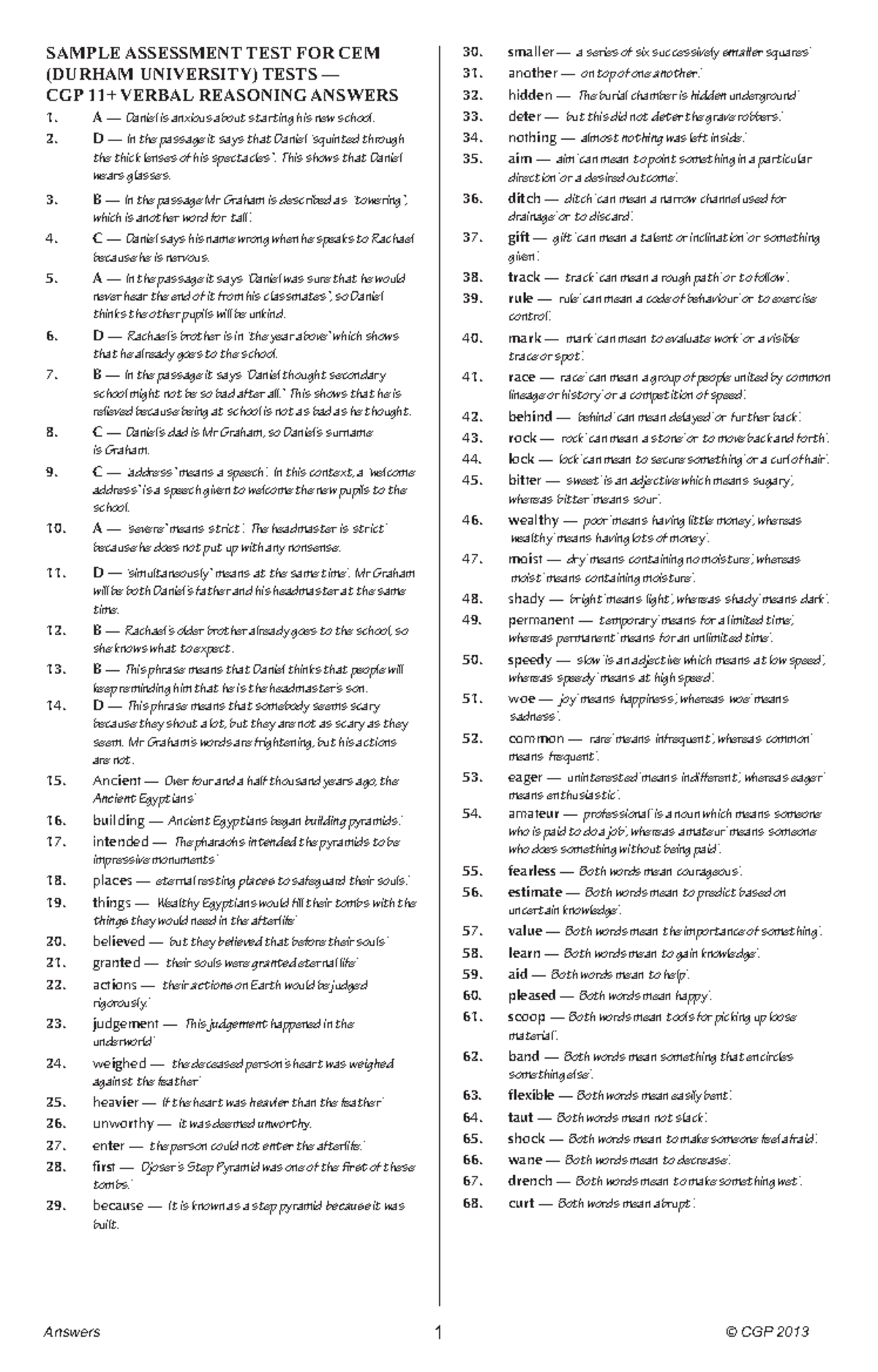 V6QDE1 CGP 11+ Verbal Reasoning Sample Test Answers - Studocu