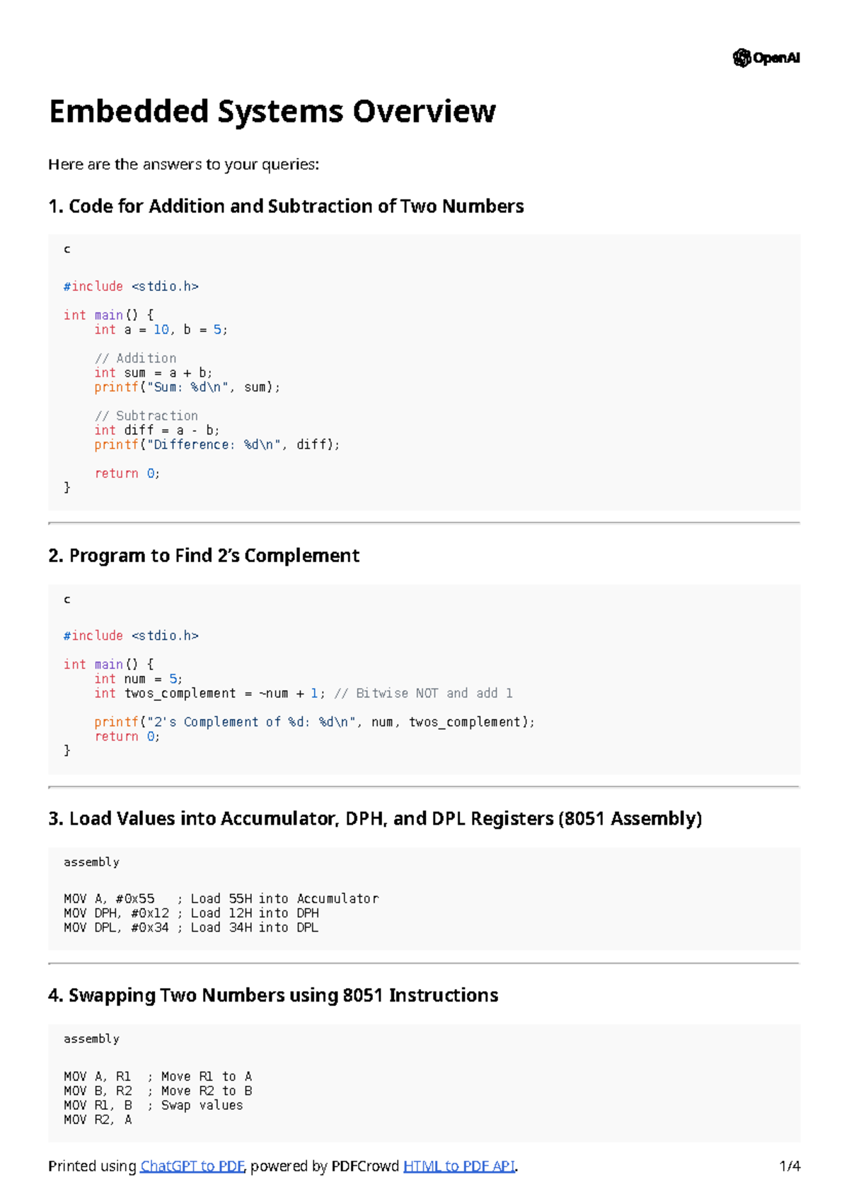 Embedded Systems Overview - Code for Addition and Subtraction of Two Numbers c #include - Studocu