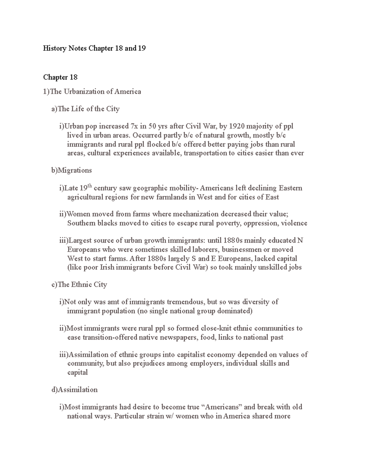 History Notes: Urbanization and Society in Chapters 18 & 19 - Studocu