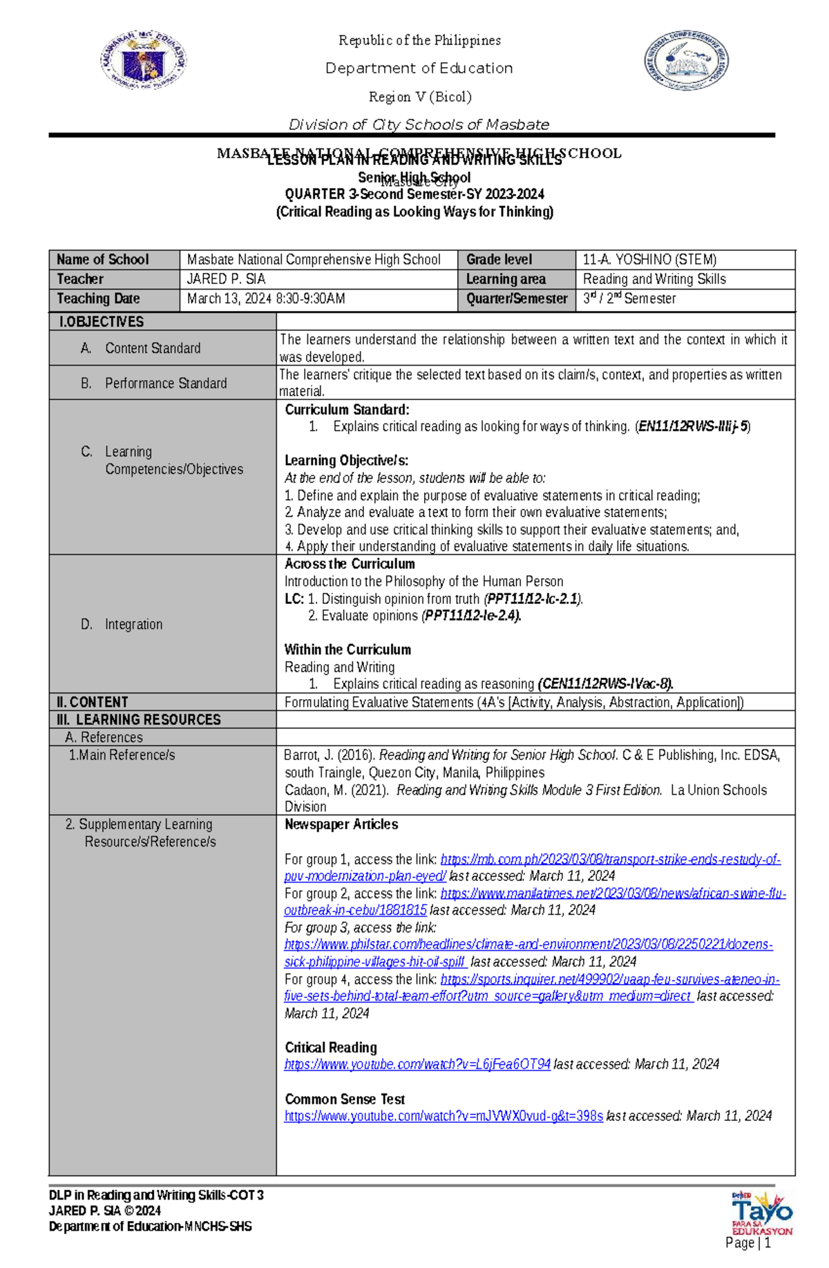 COT 1 DLP Lesson Plan on Critical Reading Strategies for SHS - Studocu