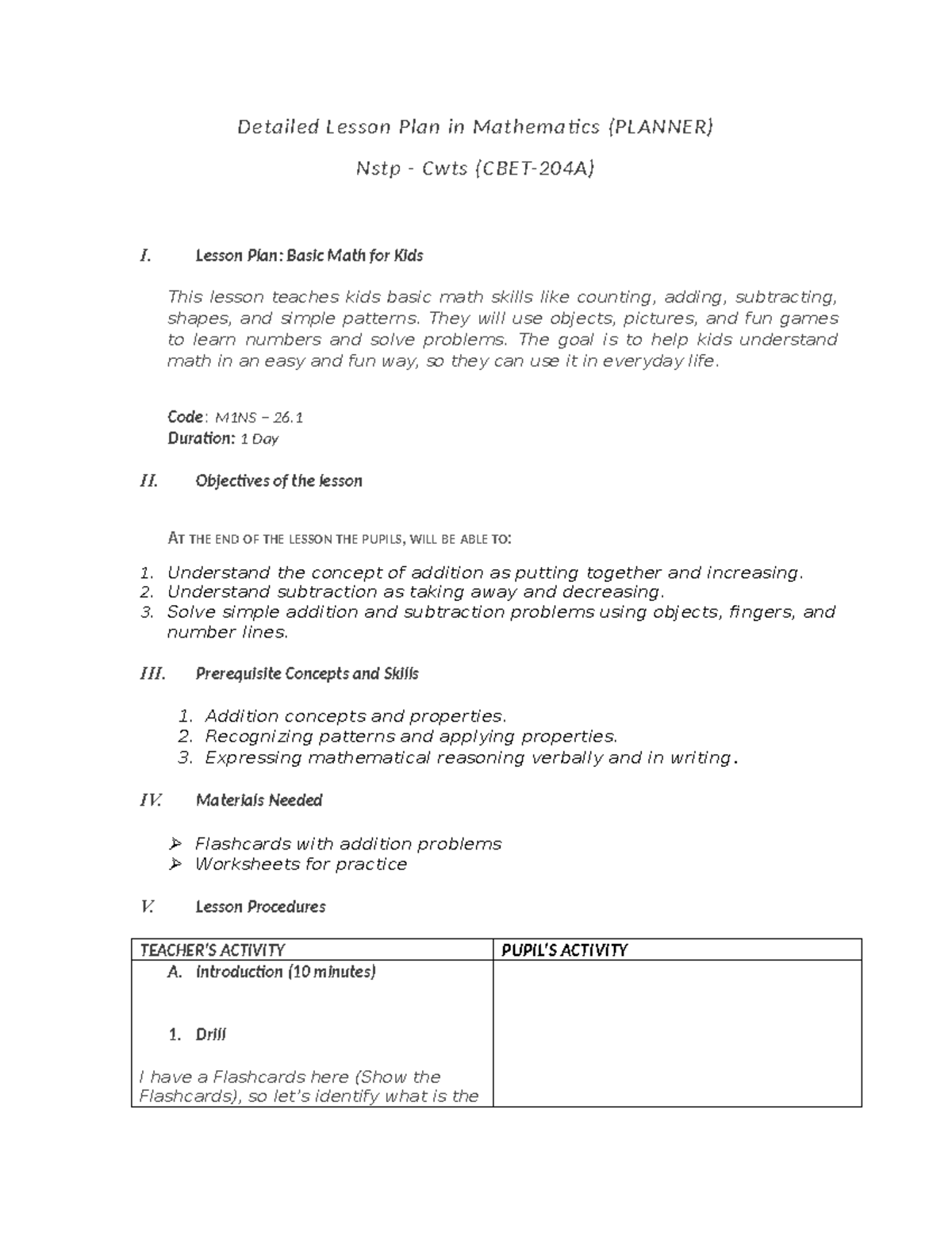 Detailed Lesson Plan for Basic Math (NSTP-CWTS CBET-204A) - Studocu