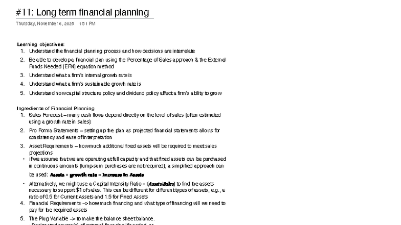 Finance - Chapter 11: Long-Term Financial Planning Insights - Studocu