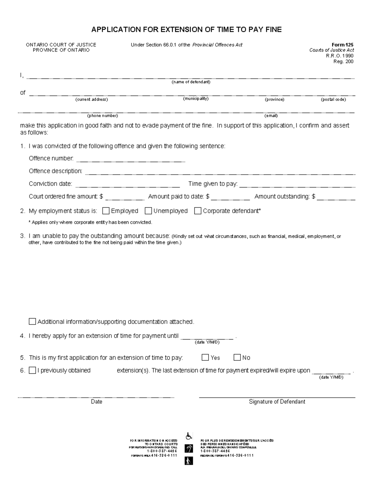 Application for Extension of Time to Pay Fine - Ontario Court Form 125 ...