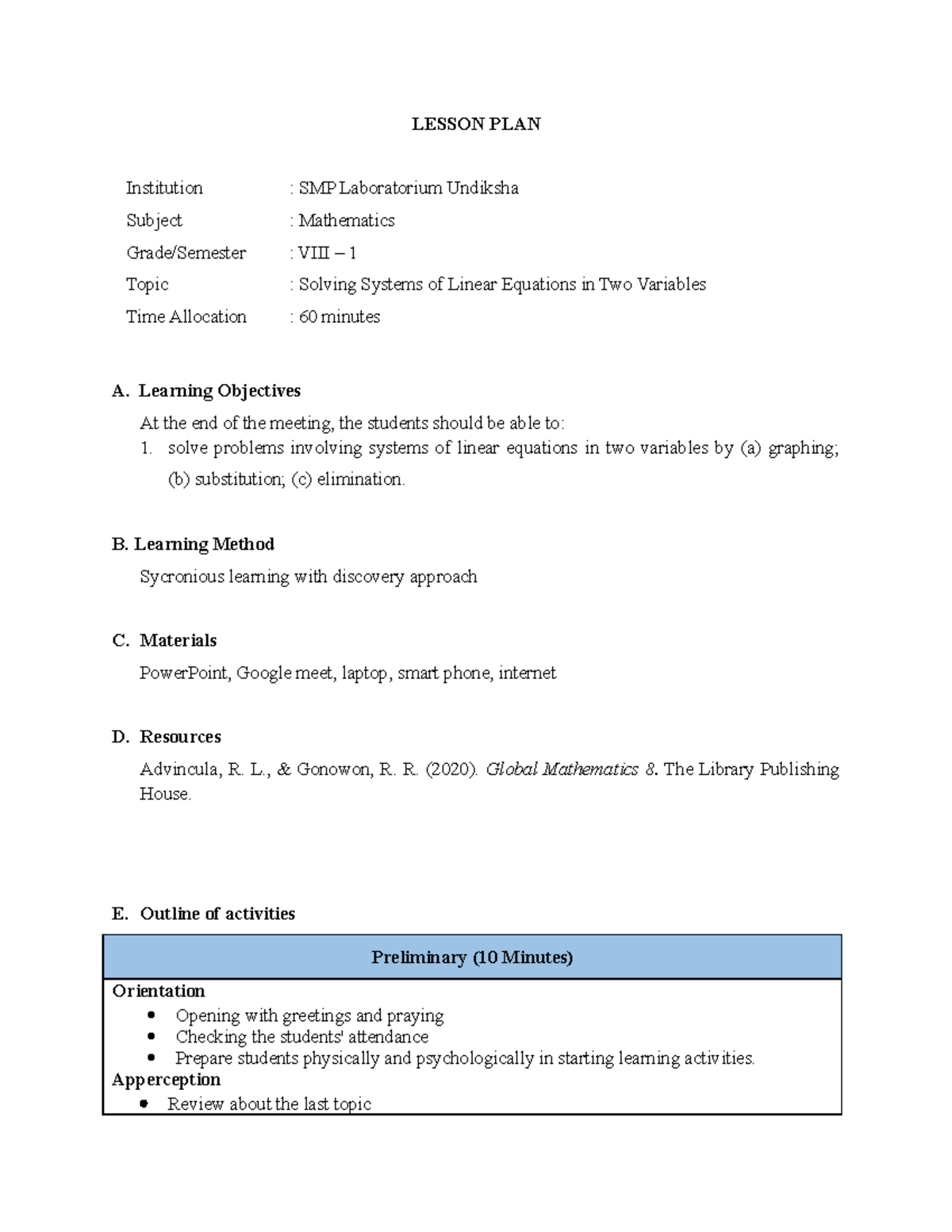 LP 4 - Detailed Lesson Plan: Solving Systems of Linear Equations - Studocu