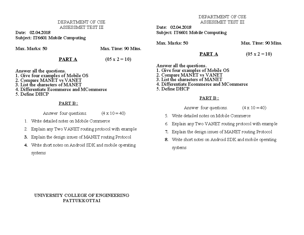 IT6601 - Detailed Question Paper for Assessment Test III - Studocu