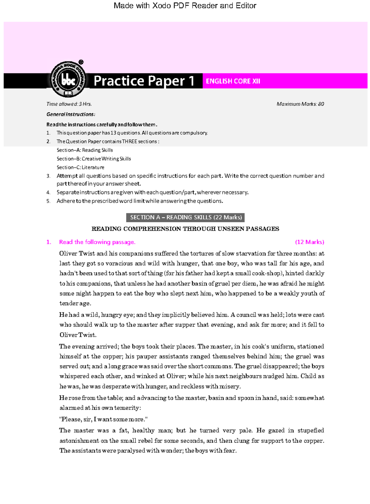 Practice Paper 1: English Core XII - Reading, Writing & Literature ...