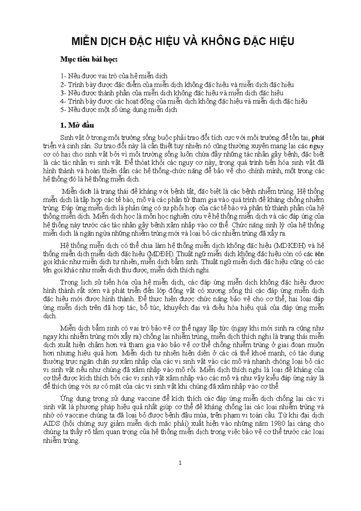 MIỄN DỊCH ĐẶC HIỆU VÀ KHÔNG ĐẶC HIỆU - MĐKĐH & MĐĐH - Studocu