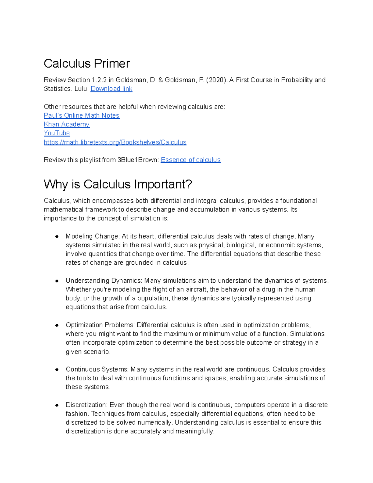 M2L1 Calculus Primer: Importance and Applications in Simulations - Studocu
