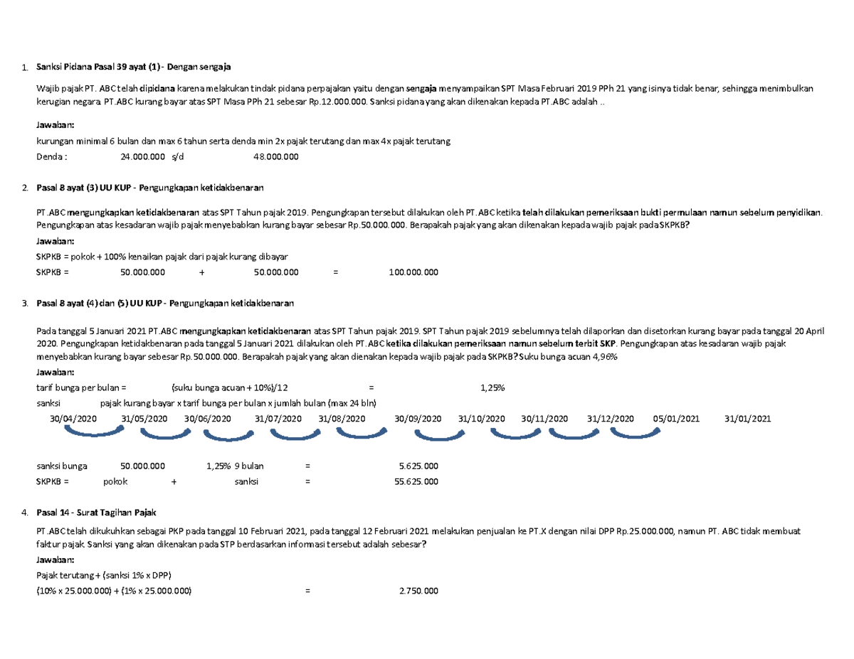 Contoh Perhitungan Latihan Sanksi Perpajakan 1 UNPAR Tahun 2020-2021 ...