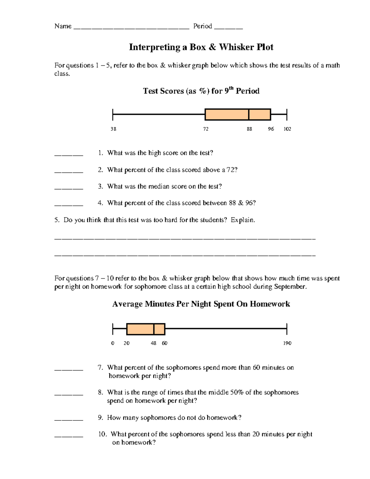 9th & 10th Grade Box & Whisker Plot Interpretation Worksheet Answers ...