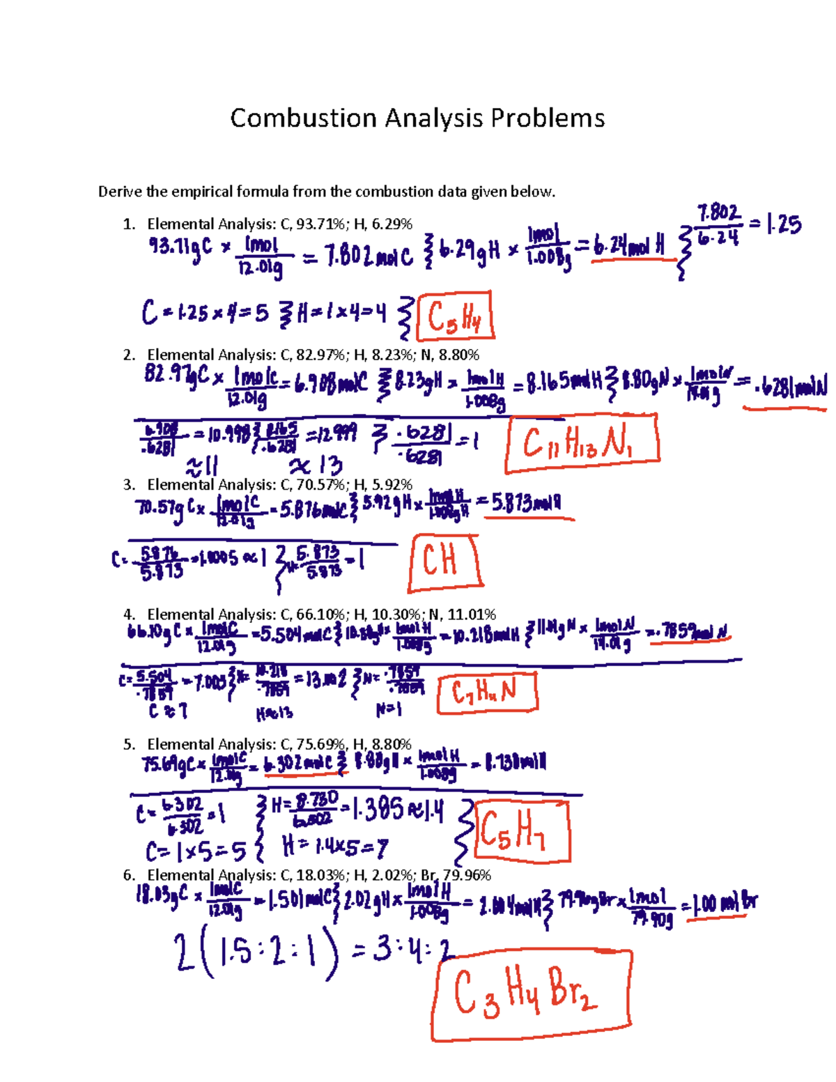 Elemental Analysis Problems 2 - Combustion Analysis Problems Derive the ...