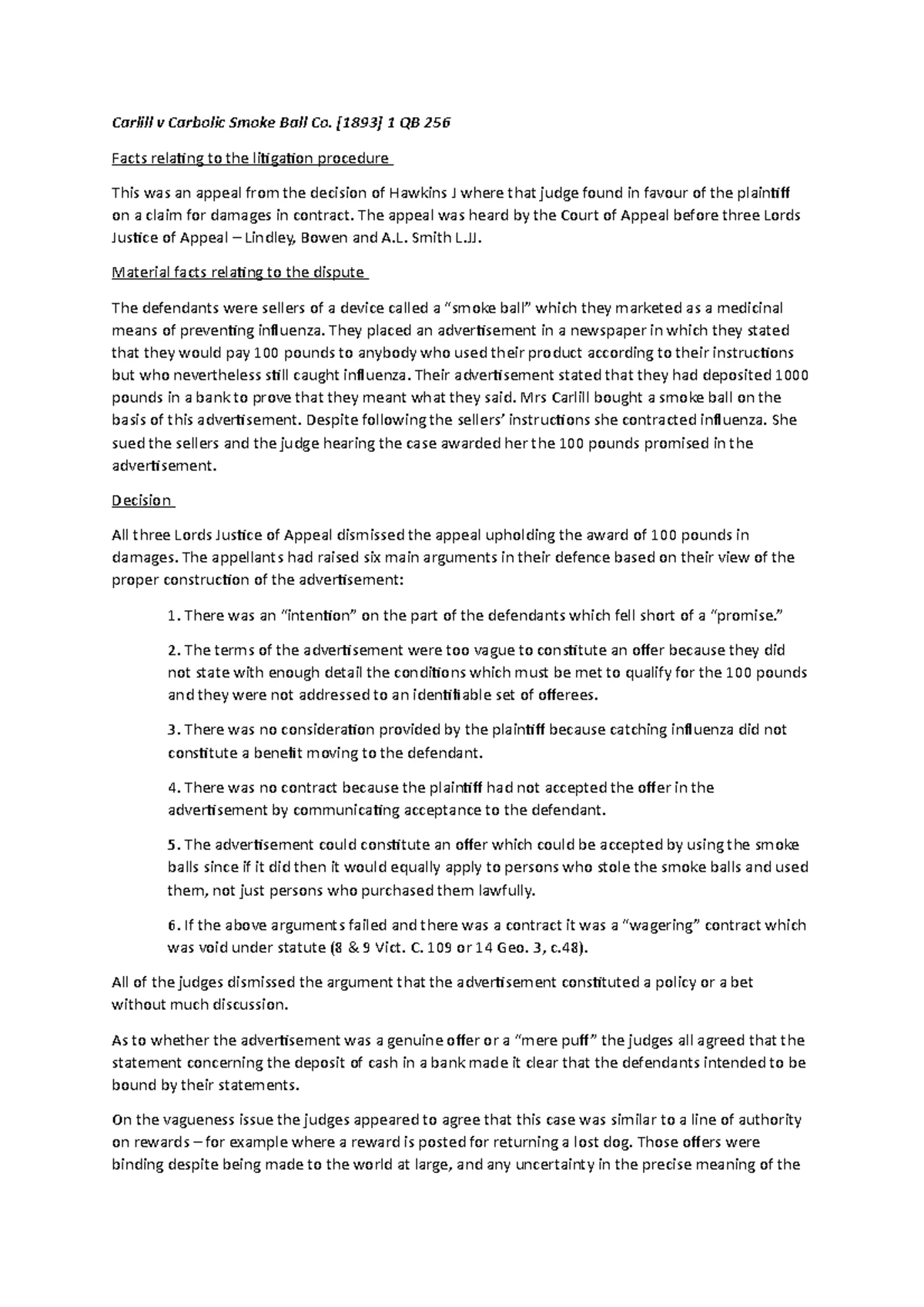 Case Note Example - Carlill v Carbolic Smoke Ball Co. 1 QB 256 Facts ...