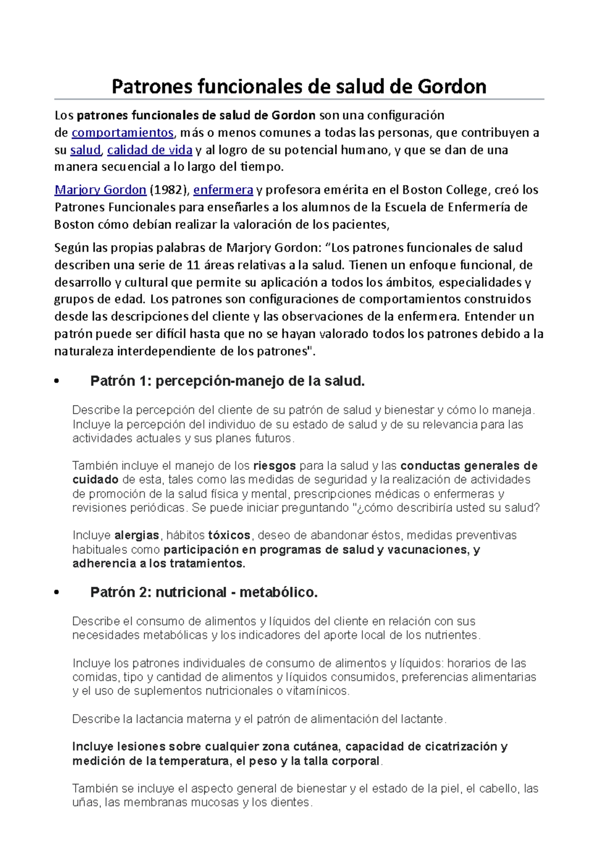 Patrones funcionales de salud de Gordon - Marjory Gordon (1982 ...