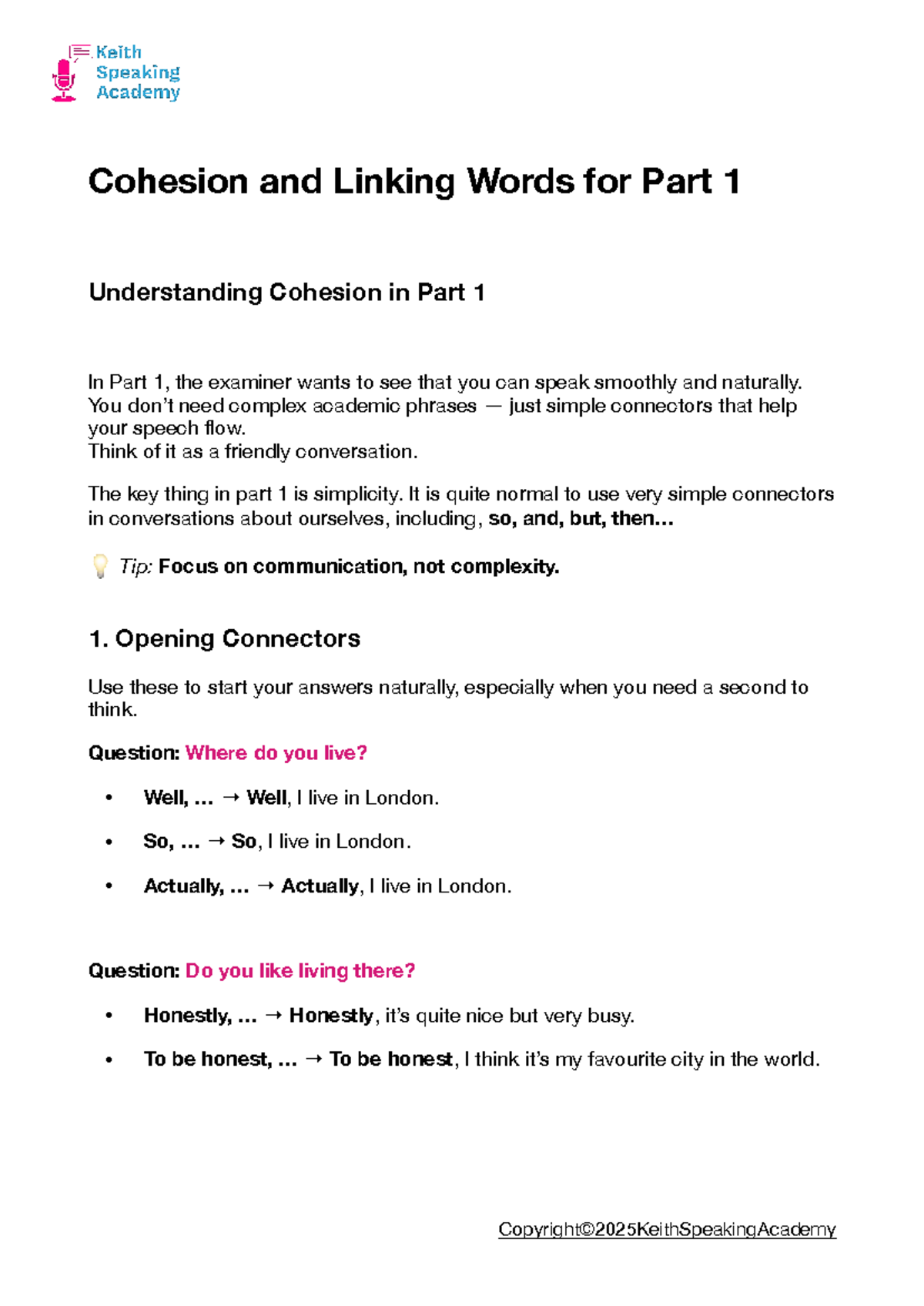 Cohesion & Linking Words for Speaking Part 1: Tips & Connectors - Studocu
