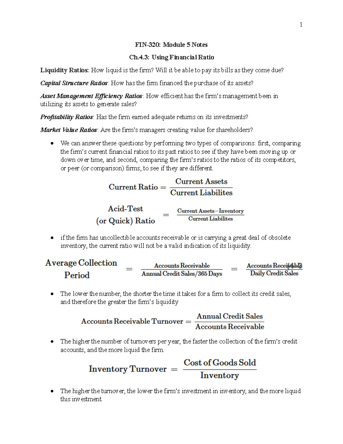 FIN-320 Module 5 Financial Ratios & Risk Analysis Notes - Studocu